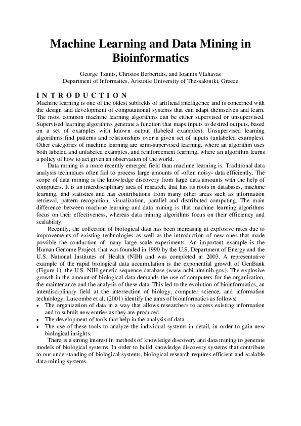 (PDF) Machine Learning and Data Mining in Bioinformatics