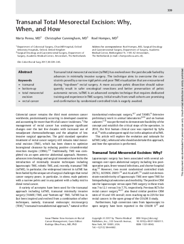 (PDF) Transanal Total Mesorectal Excision: Why, When, and How