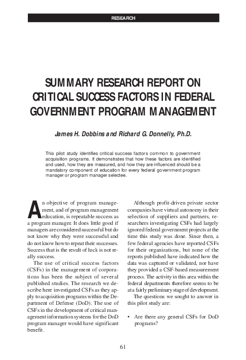 (PDF) Summary Research Report on Critical Success Factors in Federal ...