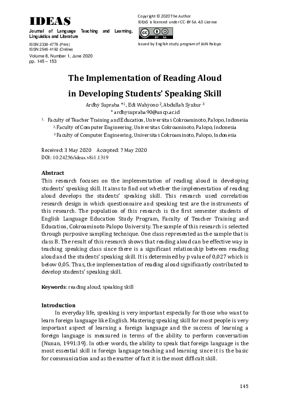 (PDF) The Implementation of Reading Aloud in Developing Students' Speaking Skill