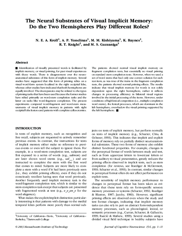Pdf The Neural Substrates Of Visual Implicit Memory Do The Two Hemispheres Play Different Roles