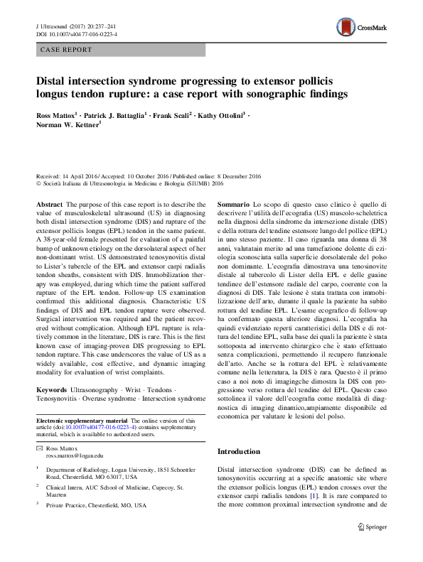 (PDF) Distal intersection syndrome progressing to extensor pollicis longus tendon rupture: a ...