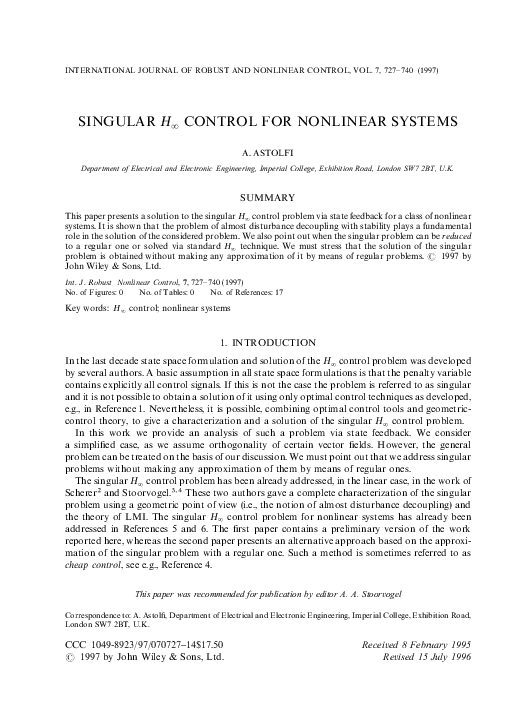 (PDF) SingularH∞ control for nonlinear systems