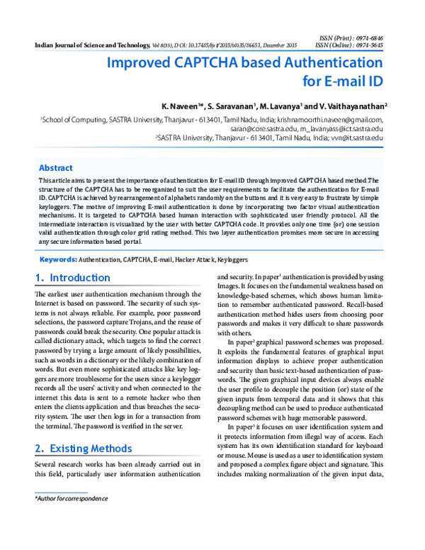 (PDF) Improved CAPTCHA based Authentication for E-mail ID