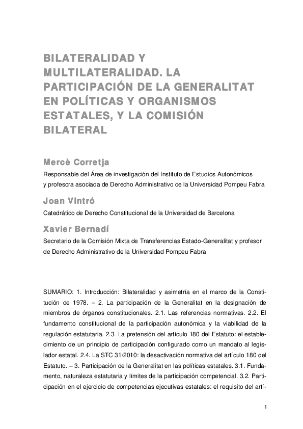 Bilateralidad y multilateralidad. La participación de la Generalitat en ...
