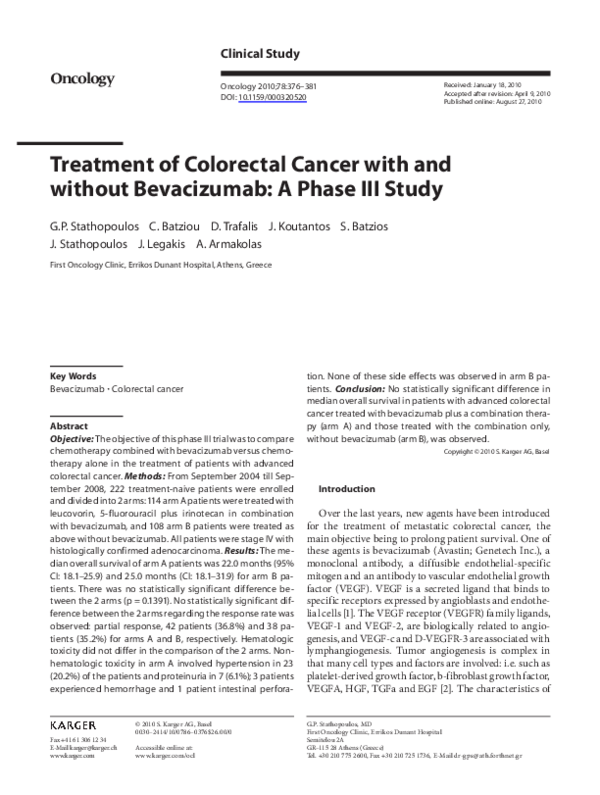 (PDF) Treatment of Colorectal Cancer with and without Bevacizumab: A Phase III Study | Dimitrios ...