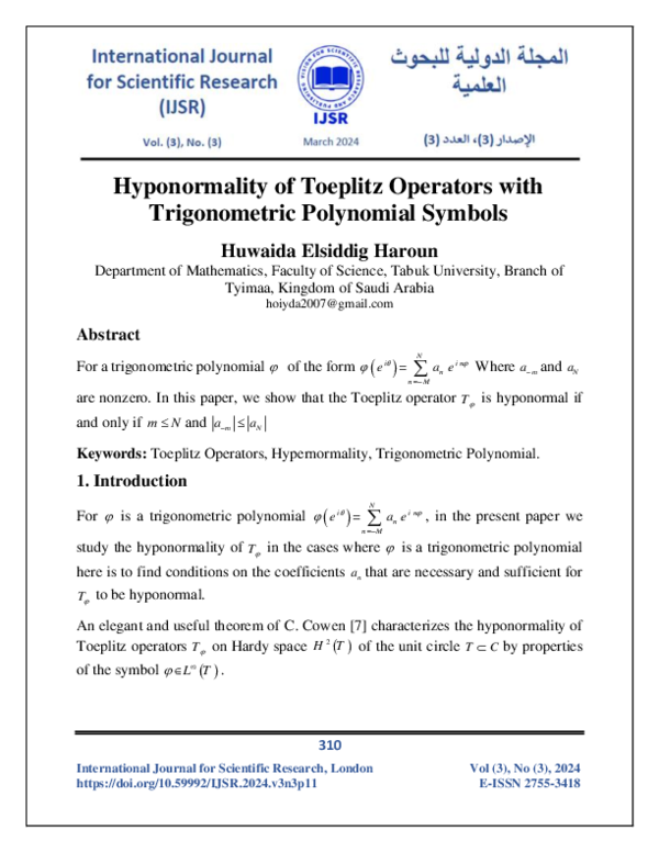 (PDF) Hyponormality of Toeplitz Operators with Trigonometric Polynomial Symbols
