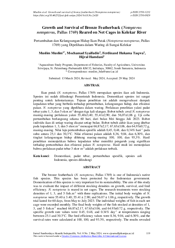 (PDF) Growth and Survival of Bronze Featherback (Notopterus notopterus ...
