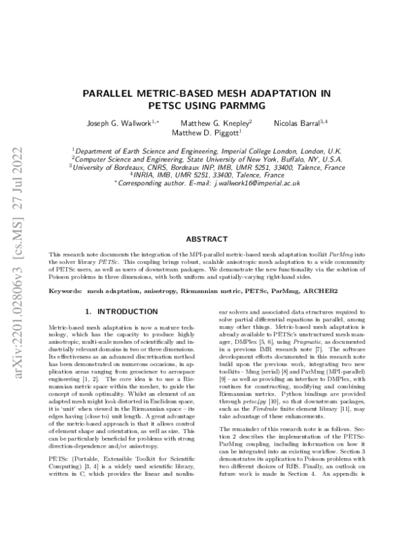 (PDF) Parallel Metric-Based Mesh Adaptation in PETSc using ParMmg