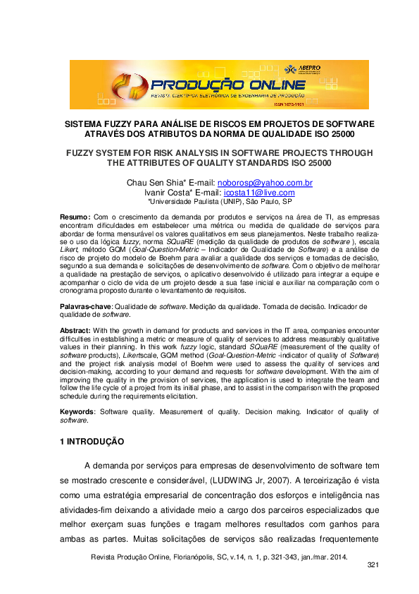(PDF) Sistema fuzzy para análise de riscos em projetos de software através dos atributos da ...