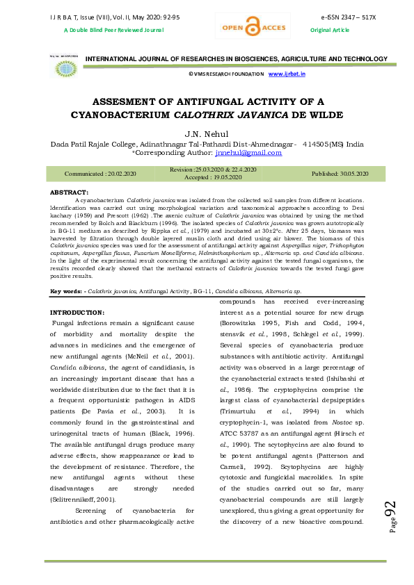 (PDF) Assesment of Antifungal Activity of a Cyanobacterium Calothrix ...