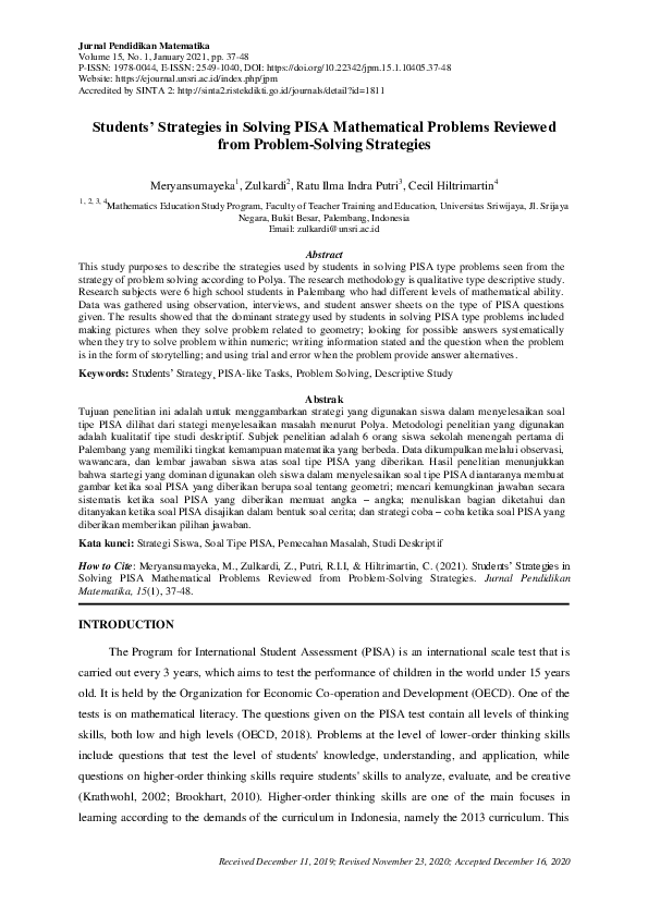 (PDF) Students’ Strategies in Solving PISA Mathematical Problems Reviewed from Problem-Solving ...