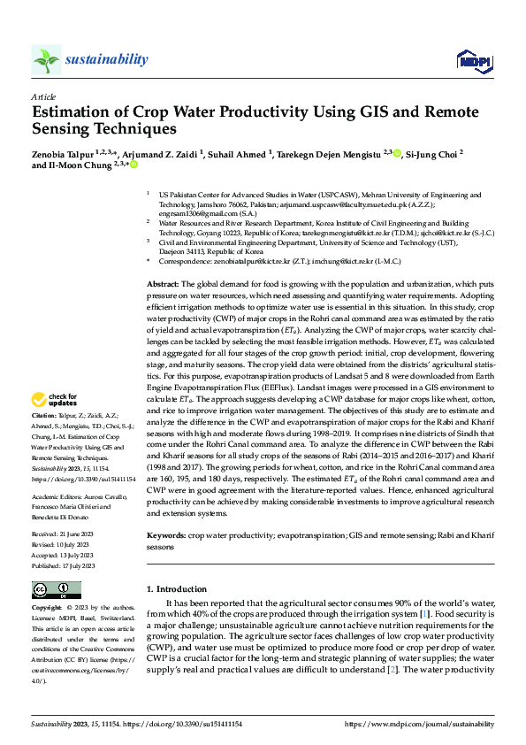 Pdf Estimation Of Crop Water Productivity Using Gis And Remote Sensing Techniques