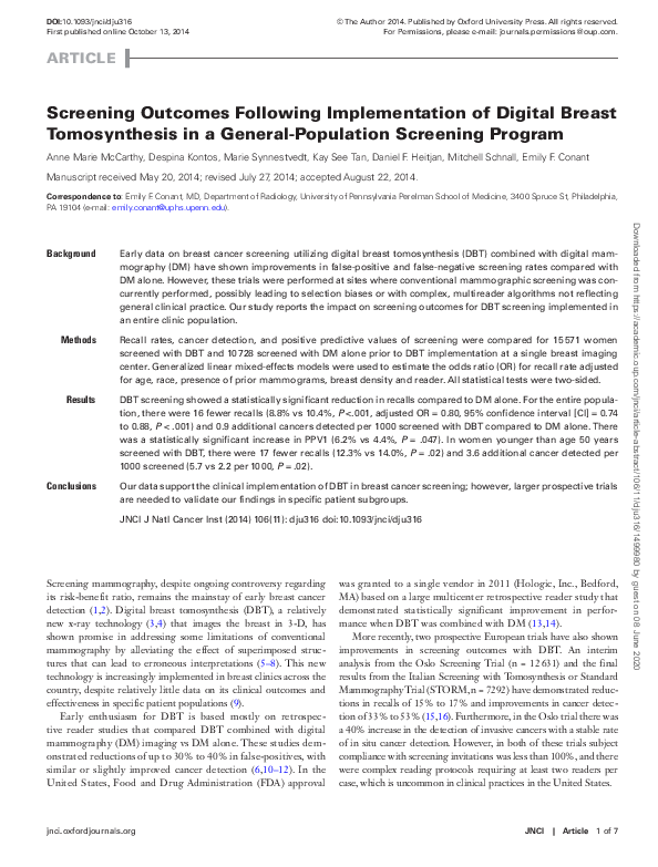 (PDF) Screening outcomes following implementation of digital breast ...