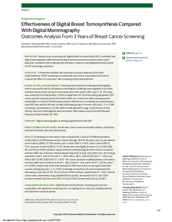 (PDF) Effectiveness of Digital Breast Tomosynthesis Compared With Digital Mammography: Outcomes ...