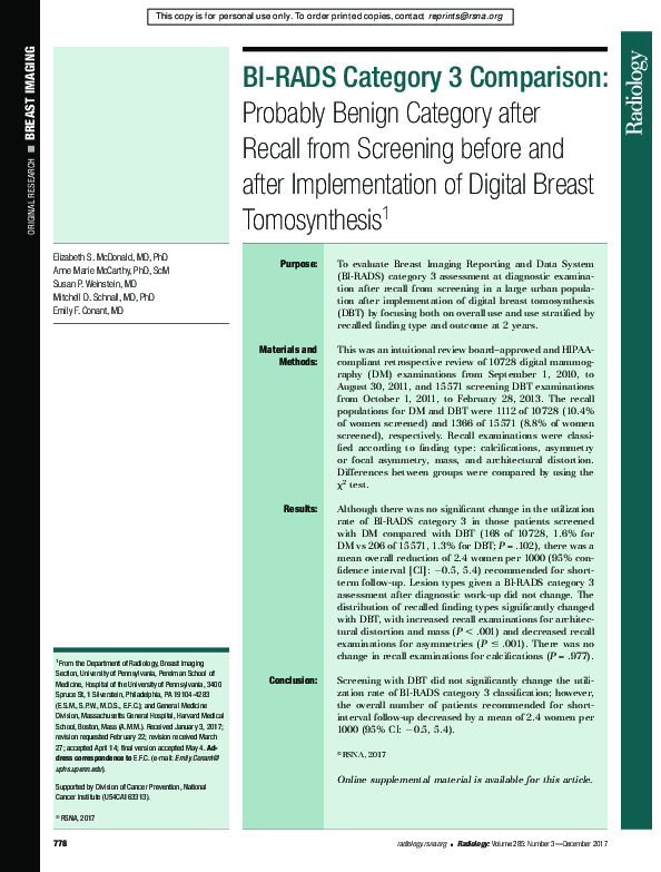 (PDF) BI-RADS Category 3 Comparison: Probably Benign Category after Recall from Screening before ...