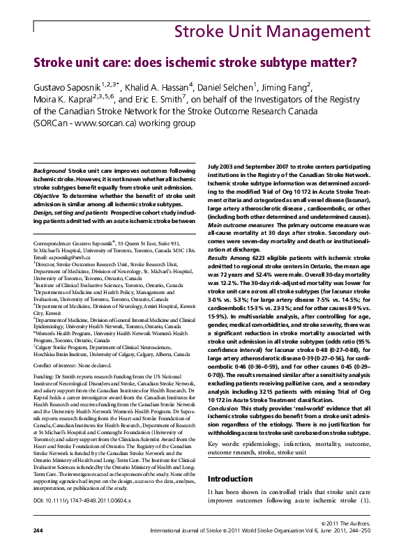(PDF) Stroke Unit Care: Does Ischemic Stroke Subtype Matter?