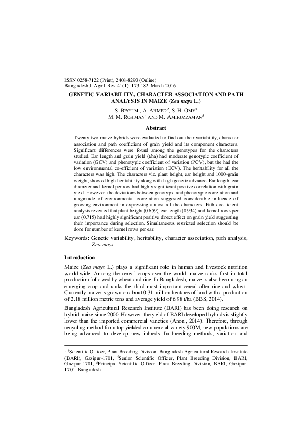 (PDF) Genetic variability, character association and path analysis in maize (Zea mays L.)
