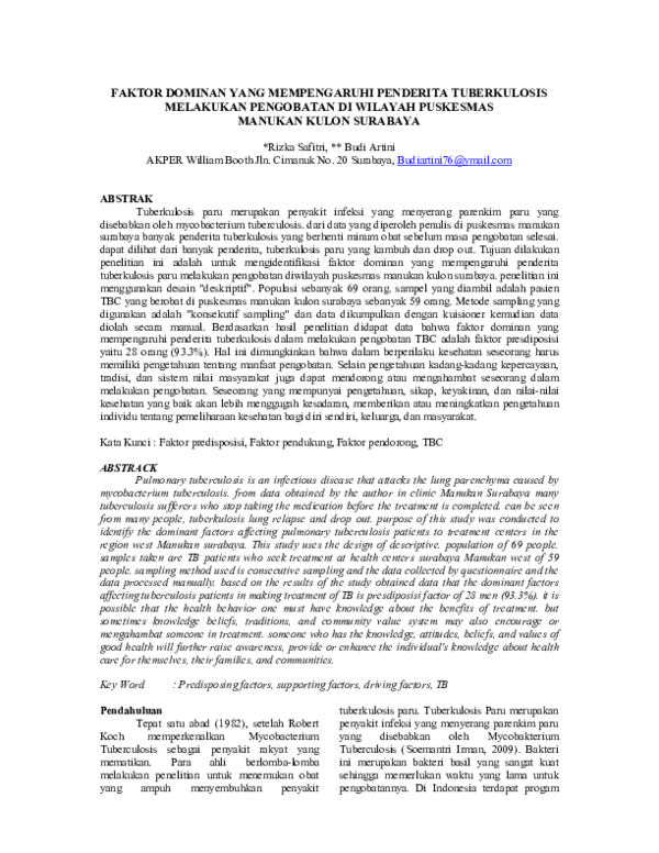 (PDF) Faktor Dominan Yang Mempengaruhi Penderita Tuberkulosis Melakukan ...