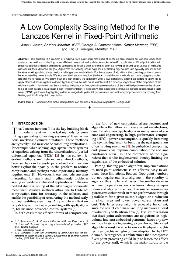 Pdf A Low Complexity Scaling Method For The Lanczos Kernel In Fixed Point Arithmetic