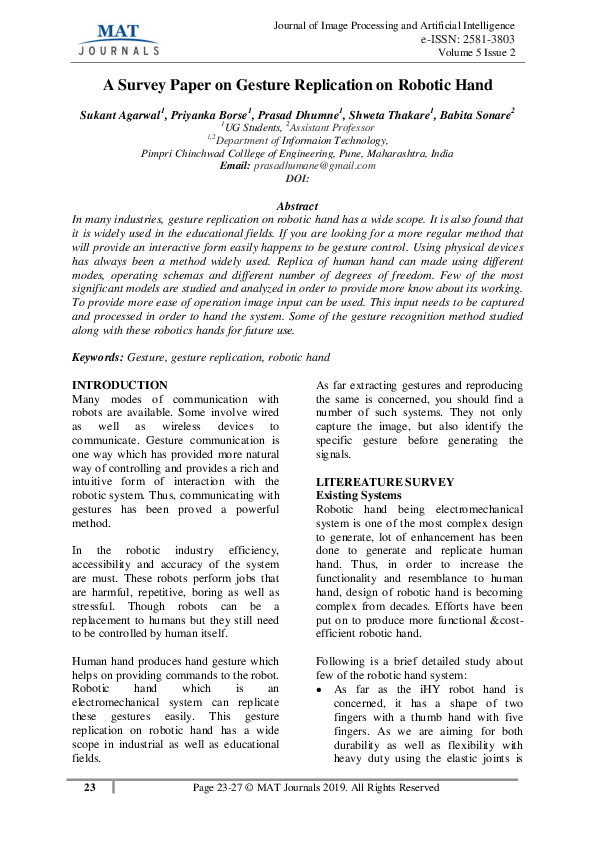 (PDF) A Survey Paper on Gesture Replication on Robotic Hand