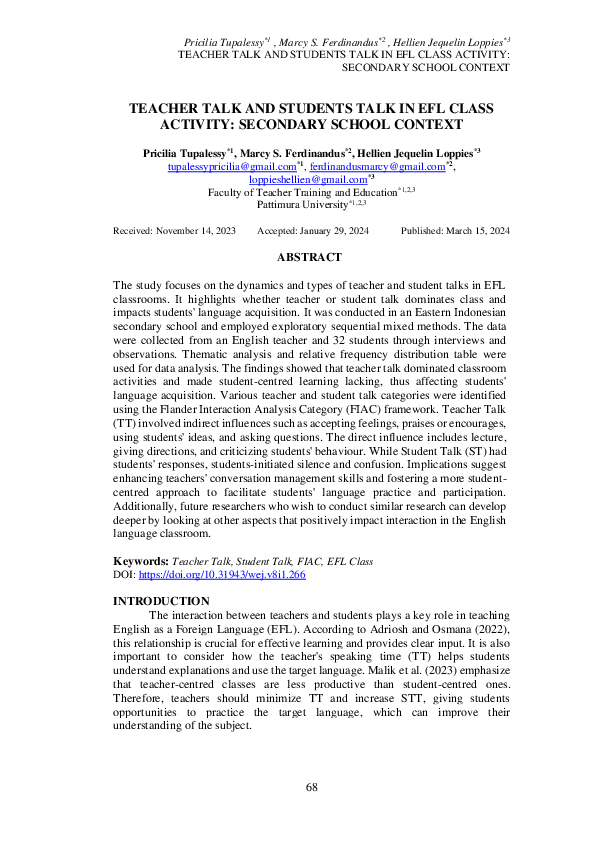 (PDF) TEACHER TALK AND STUDENTS TALK IN EFL CLASS ACTIVITY: SECONDARY ...