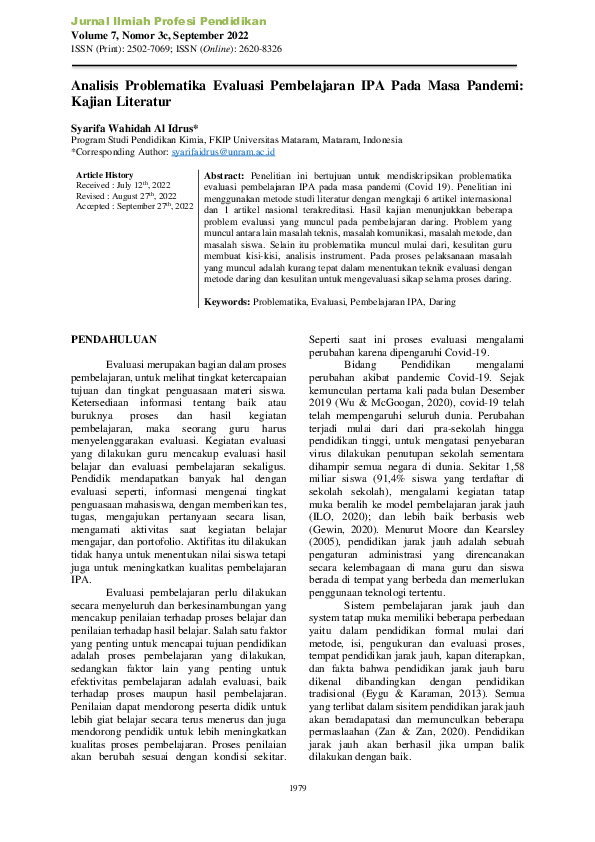 (PDF) Analisis Problematika Evaluasi Pembelajaran IPA Pada Masa Pandemi ...