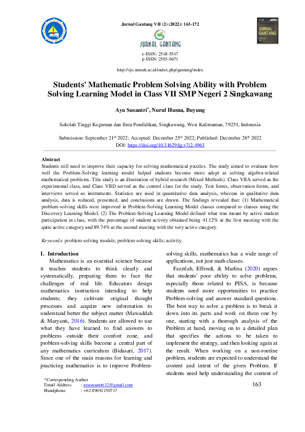 (PDF) Students' Mathematic Problem Solving Ability with Problem Solving Learning Model in Class ...