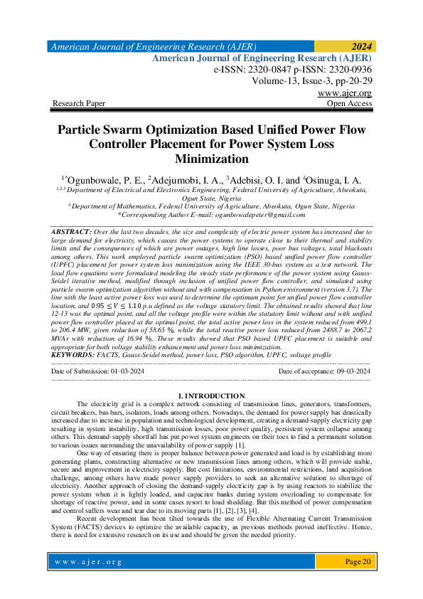 Pdf Particle Swarm Optimization Based Unified Power Flow Controller Placement For Power System