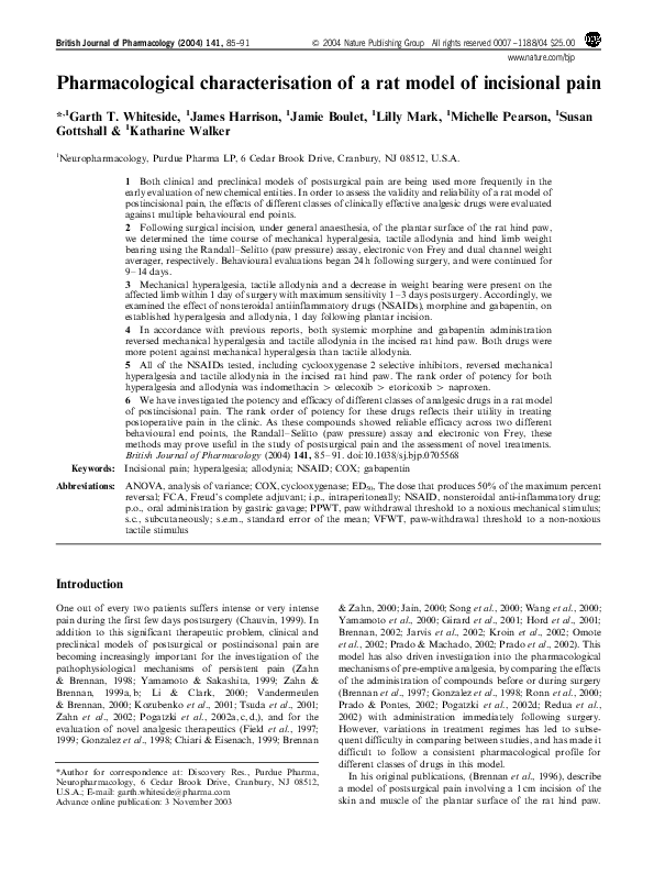(PDF) Pharmacological characterisation of a rat model of incisional pain