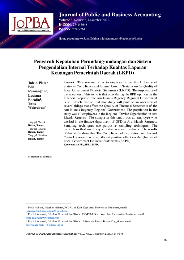 (PDF) Pengaruh Kepatuhan Perundang-undangan dan Sistem Pengendalian Internal Terhadap Kualitas ...