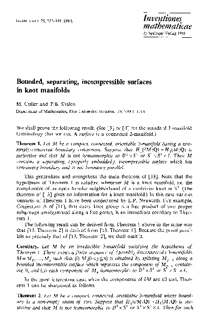 (PDF) Bounded, separating, incompressible surfaces in knot manifolds