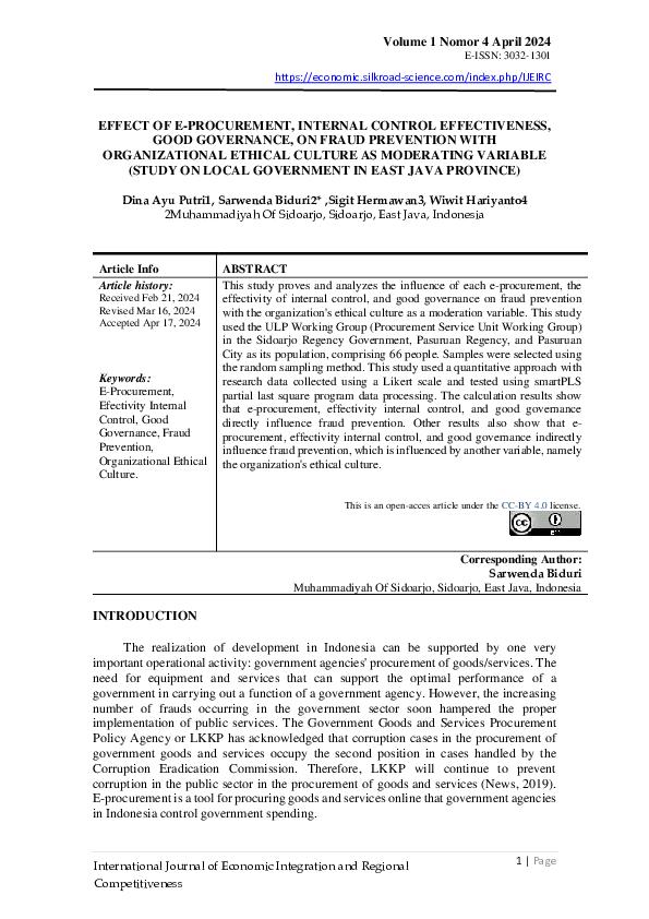 (PDF) EFFECT OF E-PROCUREMENT, INTERNAL CONTROL EFFECTIVENESS, GOOD GOVERNANCE, ON FRAUD ...