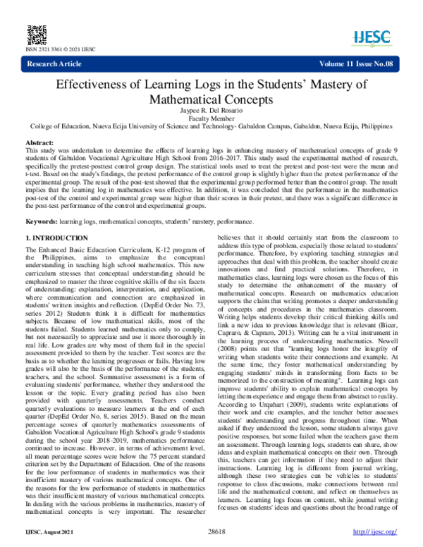(PDF) Effectiveness of Learning Logs in the Students’ Mastery of Mathematical Concepts