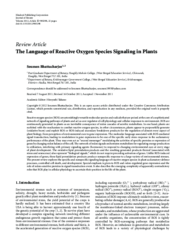 (PDF) The Language of Reactive Oxygen Species Signaling in Plants