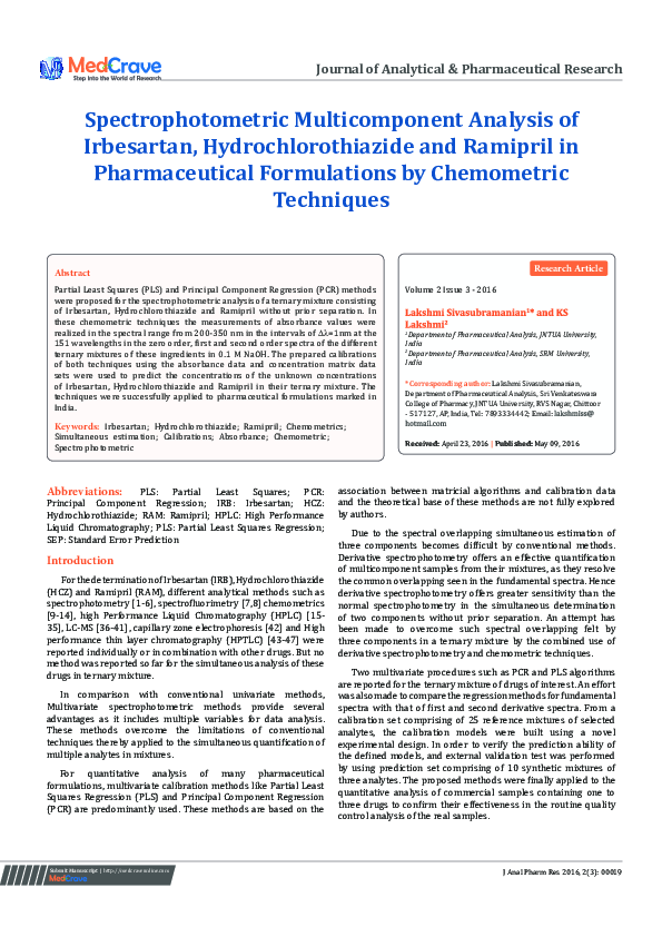 Pdf Spectrophotometric Multicomponent Analysis Of Irbesartan Hydrochlorothiazide And Ramipril