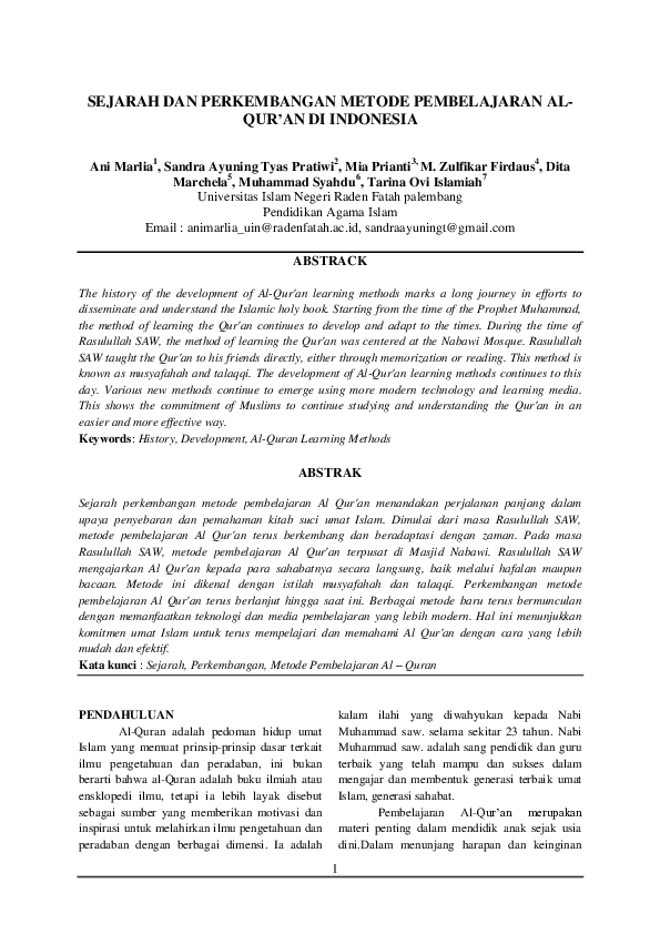 (PDF) SEJARAH DAN PERKEMBANGAN METODE PEMBELAJARAN AL-QUR'AN DI INDONESIA