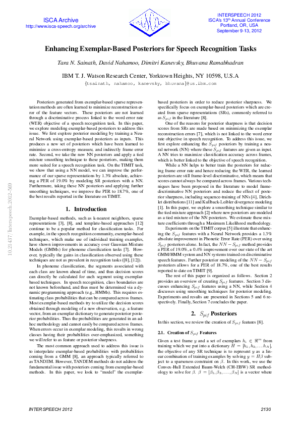(PDF) Enhancing exemplar-based posteriors for speech recognition tasks