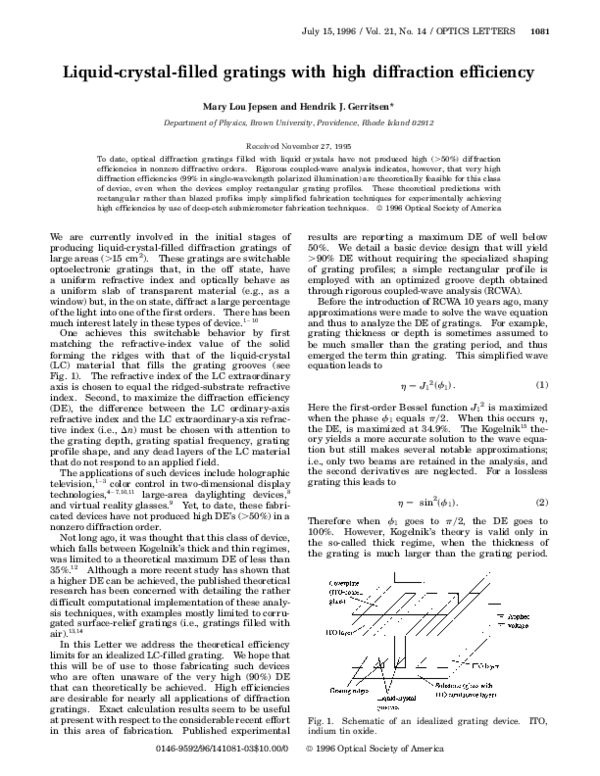 Pdf Liquid Crystal Filled Gratings With High Diffraction Efficiency
