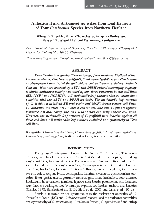 (PDF) Antioxidant and anticancer activities from leaf extracts of four ...