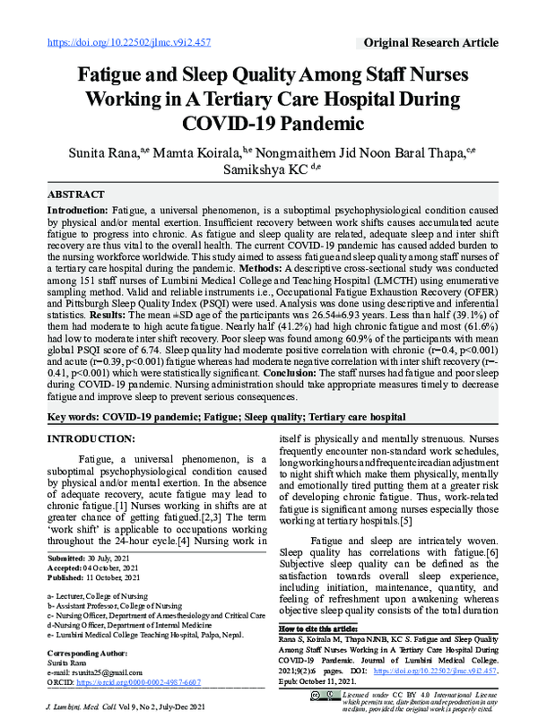(PDF) Fatigue and Sleep Quality Among Staff Nurses Working in A ...