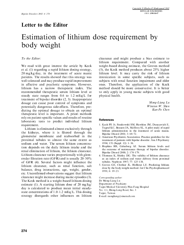 (PDF) Estimation of lithium dose requirement by body weight