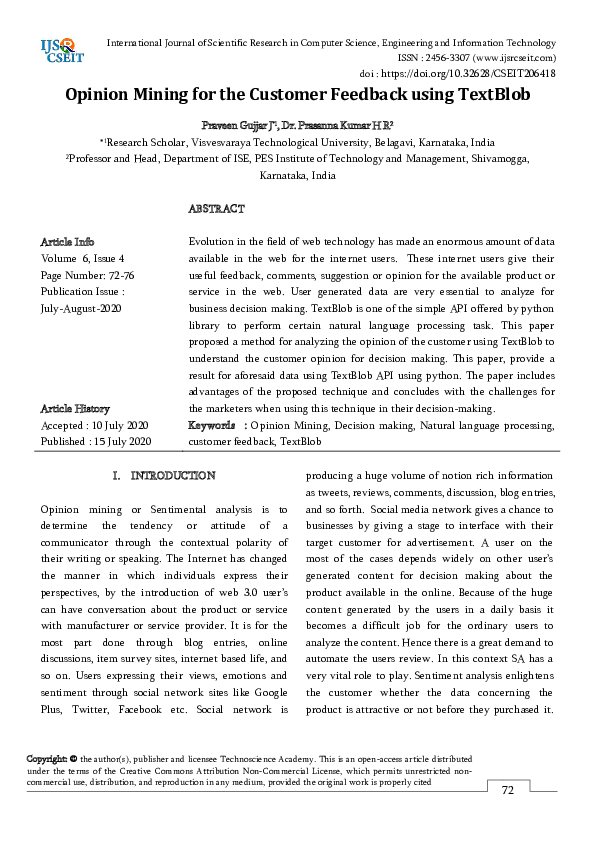 (PDF) Opinion Mining for the Customer Feedback using TextBlob