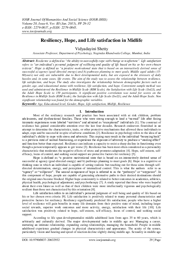 (PDF) Resiliency, Hope, and Life satisfaction in Midlife