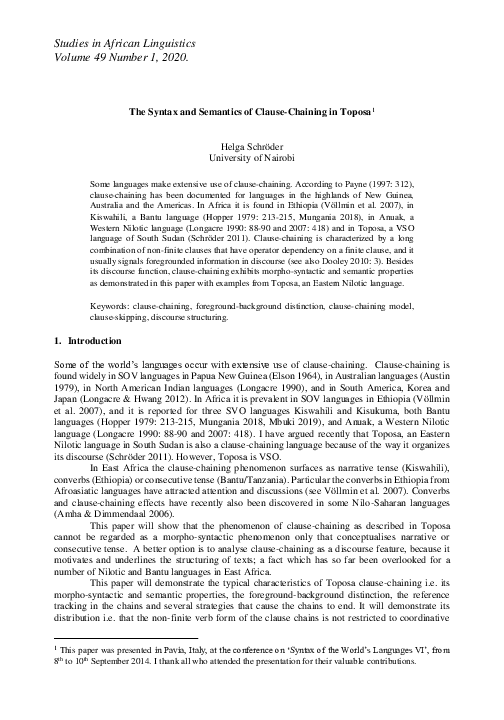 (PDF) The Syntax and Semantics of Clause-Chaining in Toposa