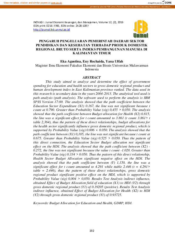 (PDF) Pengaruh pengeluaran pemerintah daerah sektor pendidikan dan kesehatan terhadap produk ...