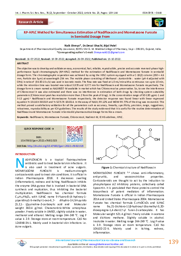 Pdf Rp Hplc Method For Simultaneous Estimation Of Nadifloxacin And Mometasone Furoate In