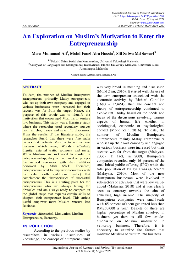 (PDF) An Exploration on Muslim’s Motivation to Enter the Entrepreneurship