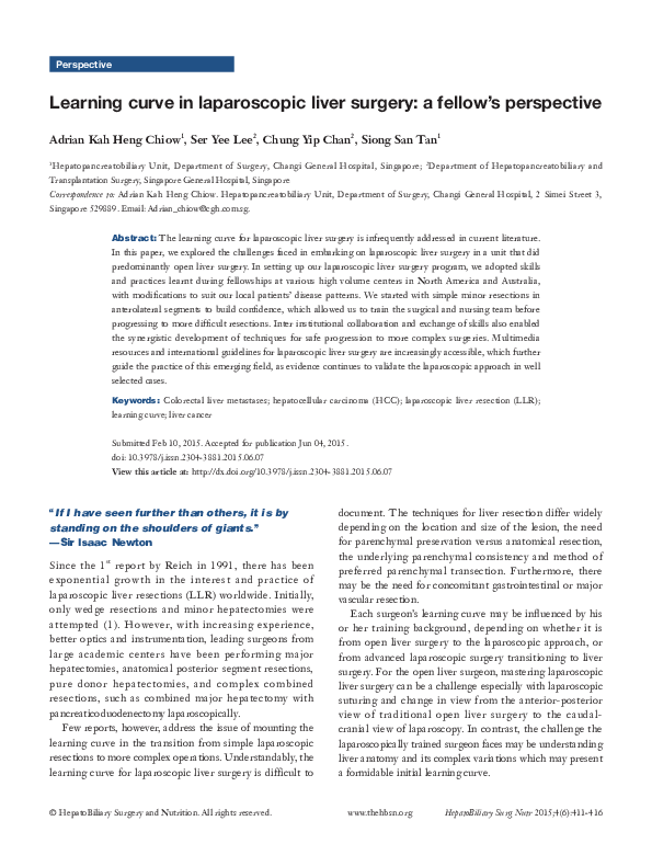 Pdf Learning Curve In Laparoscopic Liver Surgery A Fellow S Perspective