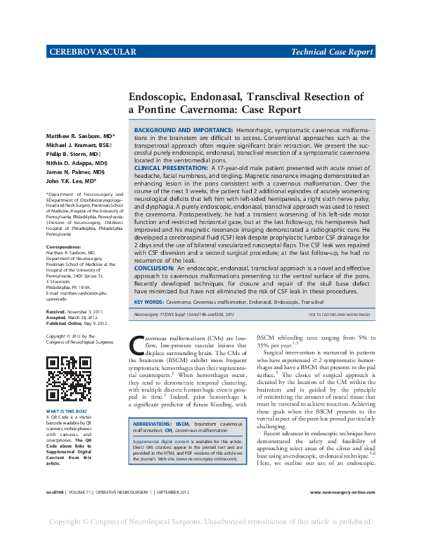 (PDF) Endoscopic Endonasal Transclival Resection of a Pontine ...